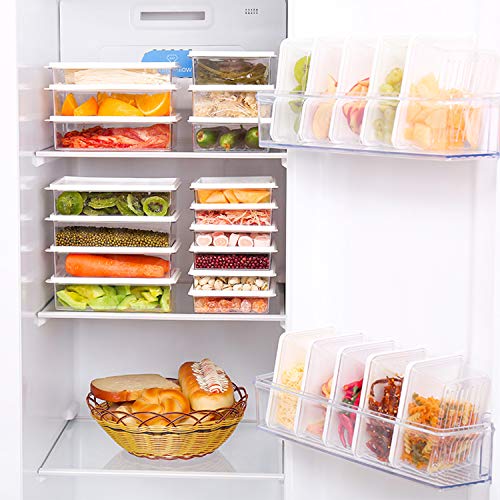JCXivan 4 Refrigerator Organizer Bins with Lids , Meal Prep Containers Reusable, Food Storage for Kitchen Fridge Organizing Sliced Cheese,Fruit,Bacon, Plastic Stackable ,White+Clear