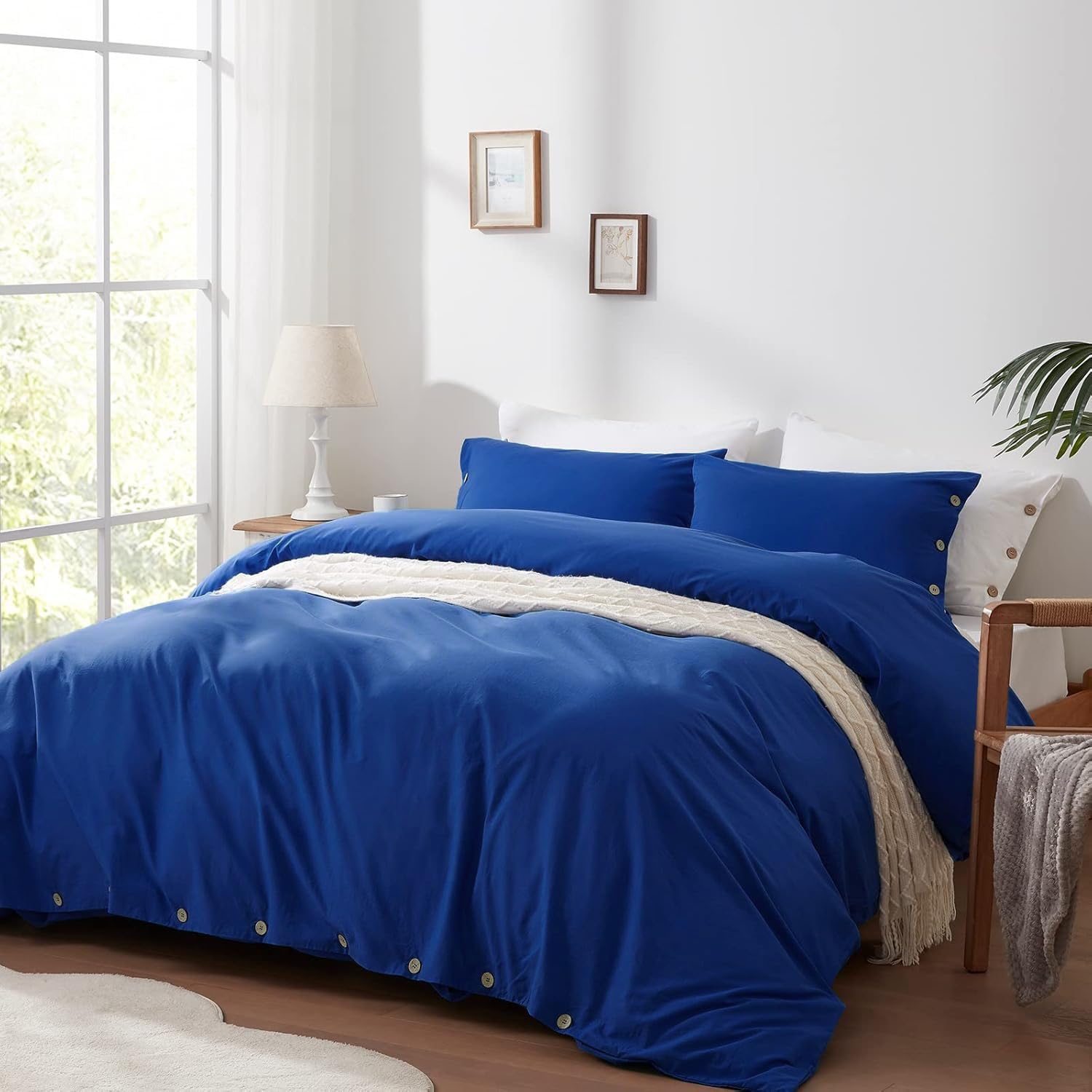 SunStyle Home 100% Washed Cotton Duvet Cover Set Breathable Soft King Light Blue Duvet Cover 3 Pieces Solid Color Bedding Set with Buttons Closure Comforter Cover Set (1 Duvet Cover +2 Shams)