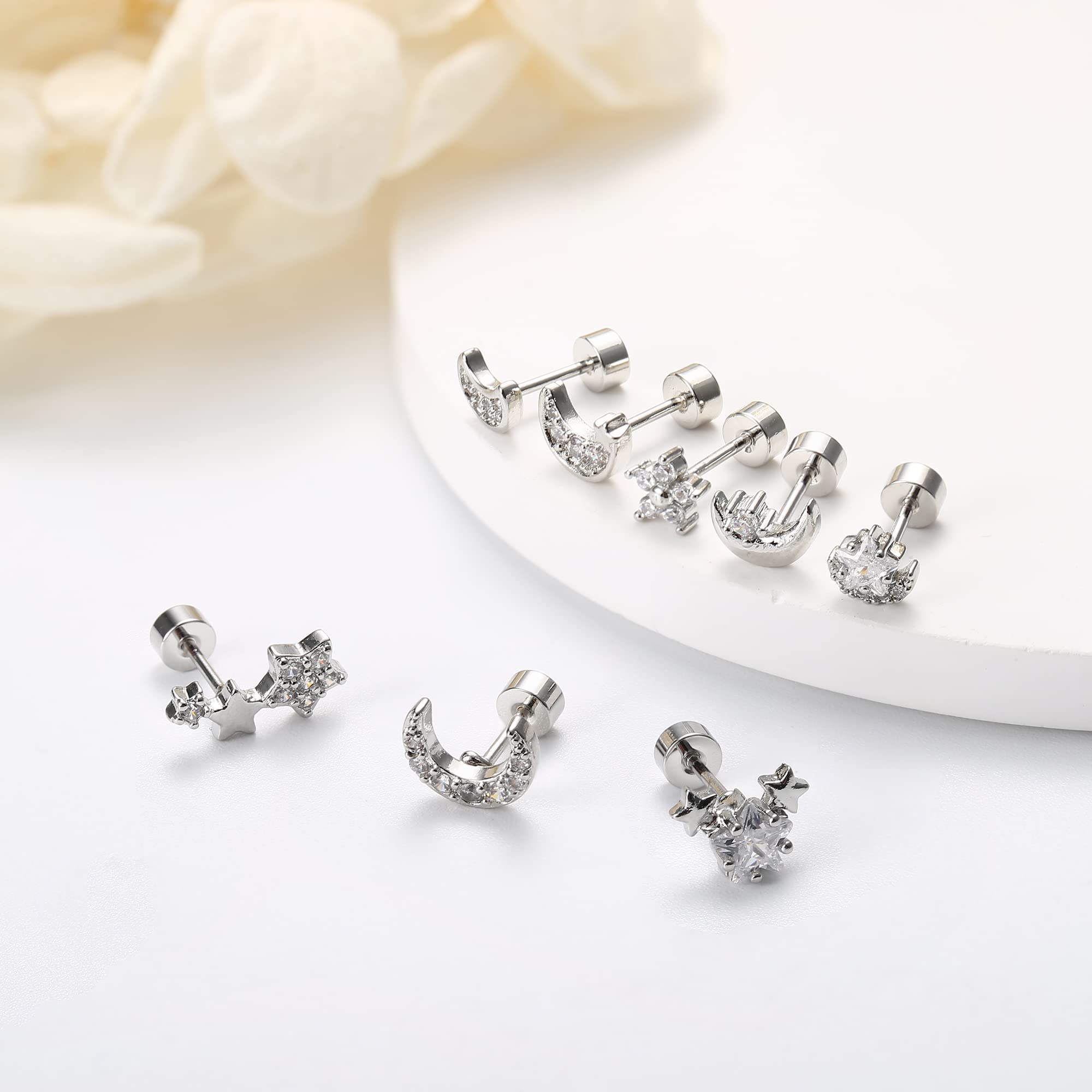 FASACCO Moon and Star Flat Back Cartilage Earrings 20G Earrings Helix Tragus Piercing Jewelry