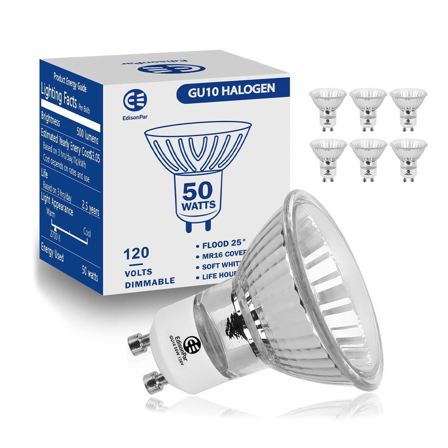 EdisonPar GU10 Halogen Light Bulbs 6 Pack 50W MR16 2700K 120V Flood Dimmable for Wax Warmer Recessed 3 Way Scentsy