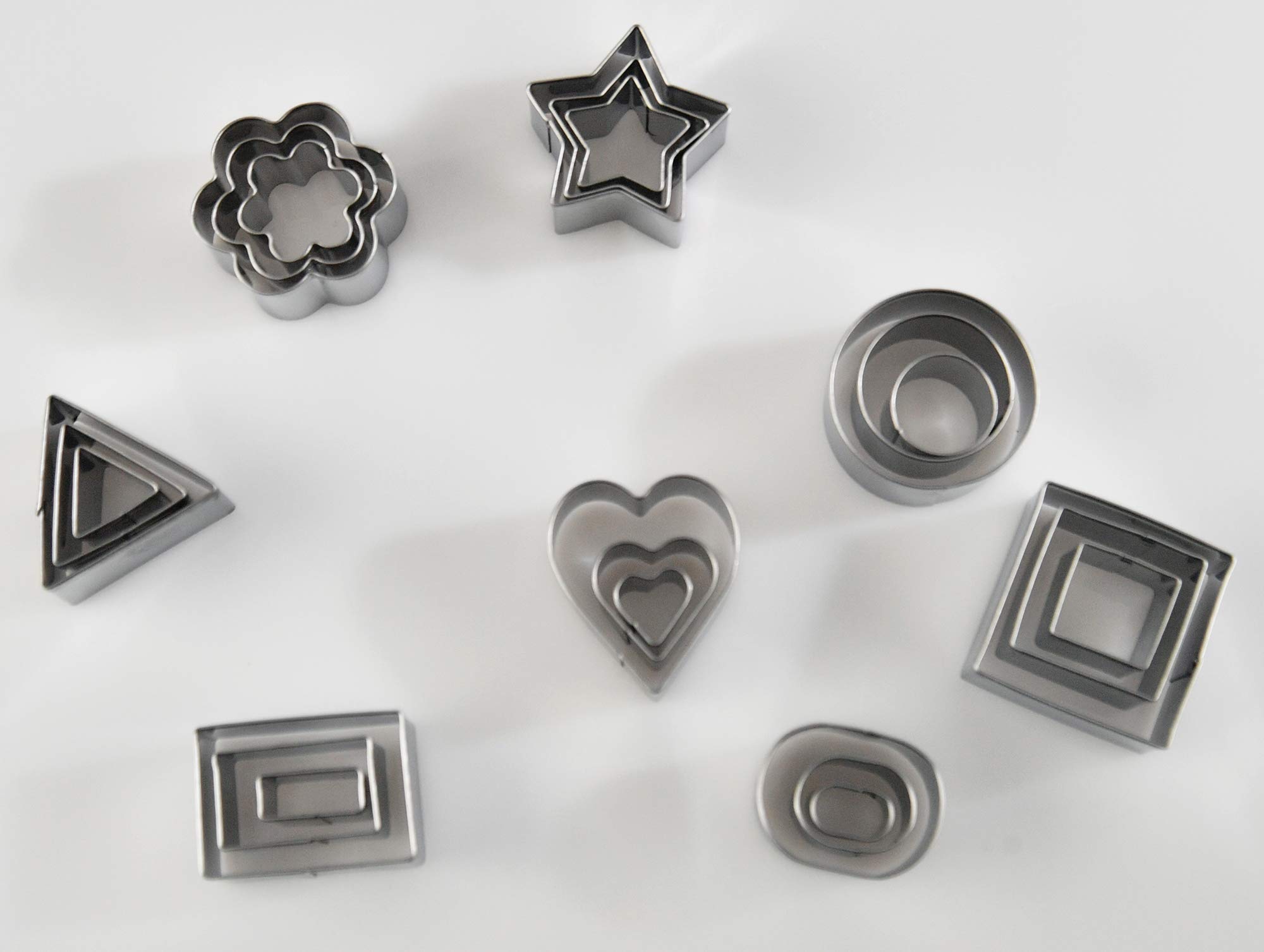 HOME-X Stainless-Steel Cookie Cutter Set, Rectangle, Square, Triangle, Heart, Circle, Star, Flower, and Oval Shapes, Set of 24, Assorted Sizes, Silver