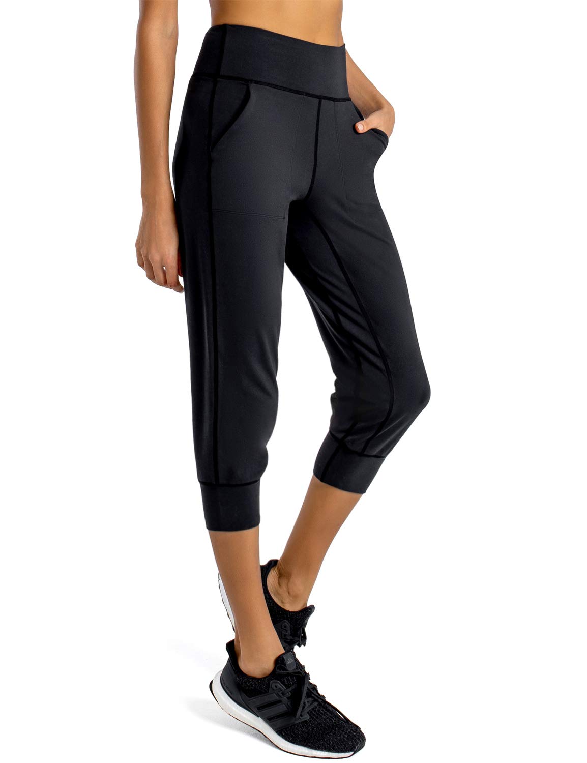FIRST WAY Women's Buttery Soft Yoga Jogger Pants Capris High Waist with Pockets Lightweight Running Sweatpants Lounge Black M
