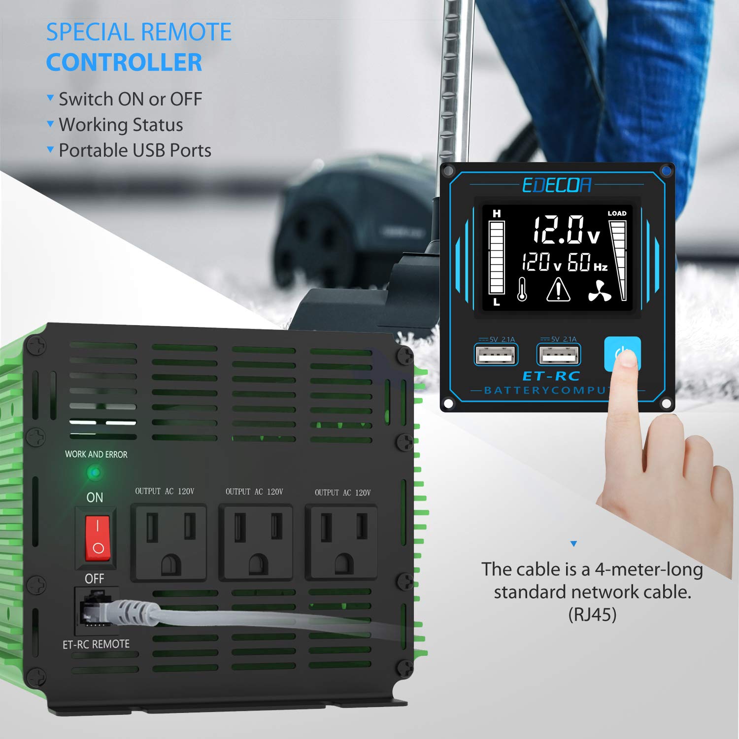 EDECOA 24V 2000W Pure Sine Wave Power Inverter DC 24V to AC 120V 110V with LCD Display and Remote Controller for RV Truck Boat