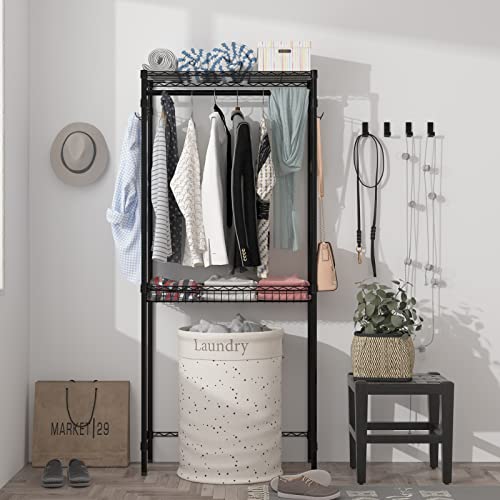 Xiofio Over The Washer and Dryer Storage Shelf 2 Tier Adjustable Height Wire Basket and Side Hook Laundry Shelves Used for Bathroom Bedroom Balcony Drying Rack Towel Rack Handbag Rack ,Black