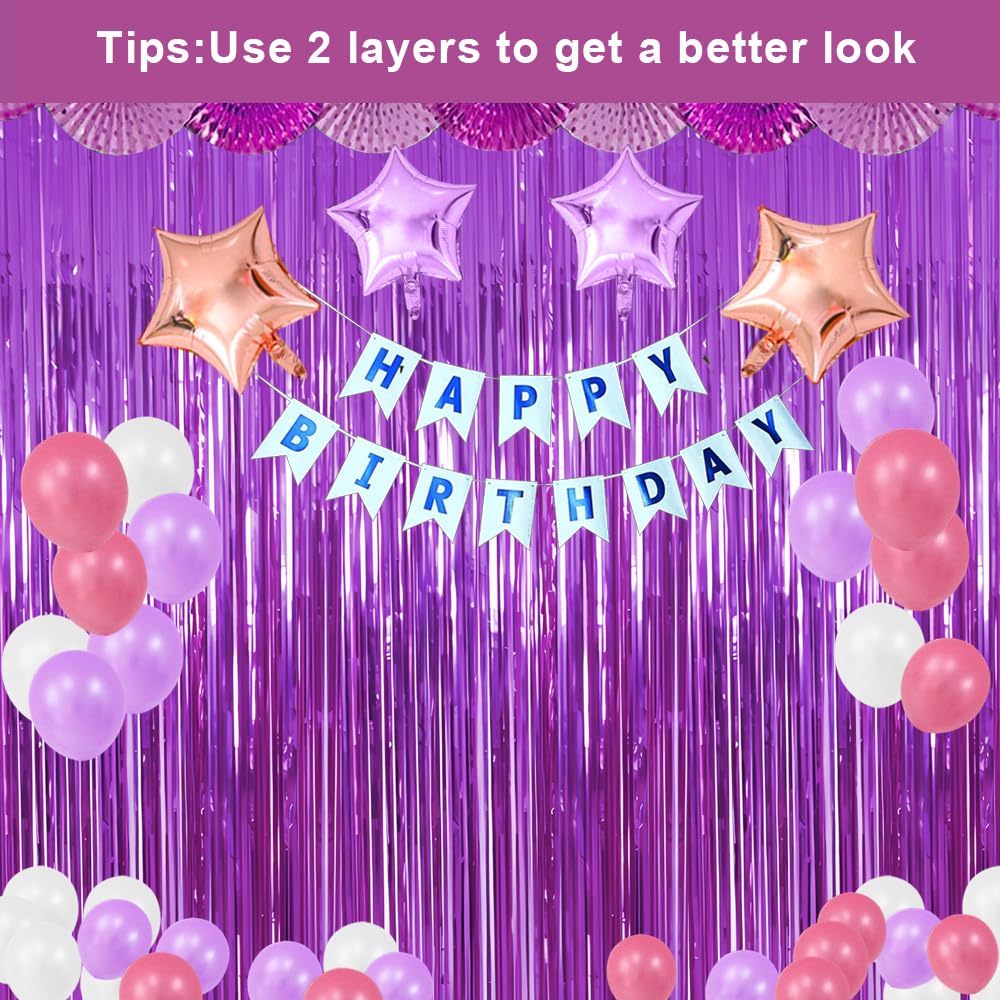 Fringe Curtains Party Decorations, Tinsel Streamers Birthday Party Decorations, Fringe Backdrop for Graduation, Baby Shower, Gender Reveal, Disco Party (2 Pack, Purple)