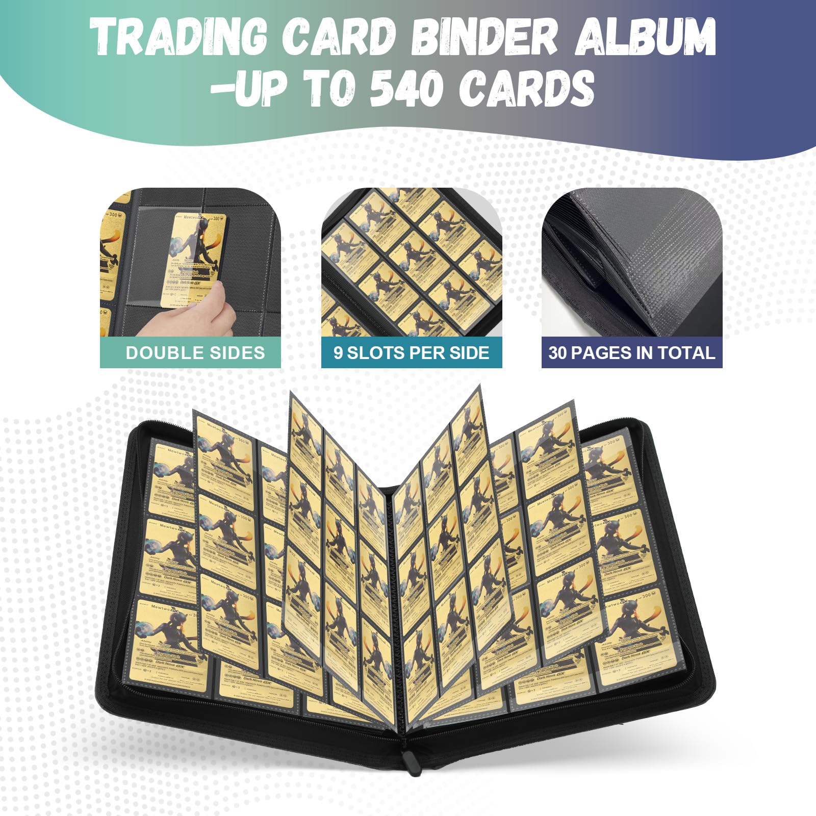 Deoyibu TCG Binder, 9 Pocket Side Loading Card Album, 2023 New Premium PU Leather, Secure Storage, Easy Access, Suitable Capacity, 540 Card Pockets, Grey
