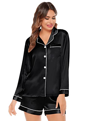 SWOMOG Womens Silk Satin Pajamas Long Sleeve Loungewear Two-piece Sleepwear Button-Down Pj Set Black