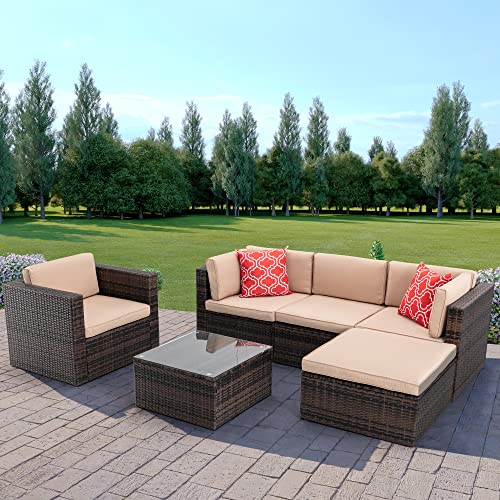 DROPPER 6Pcs Outdoor Garden Patio Furniture PE Rattan Wicker Sectional Cushioned Sofa Sets with 2 Pillows and Coffee Table