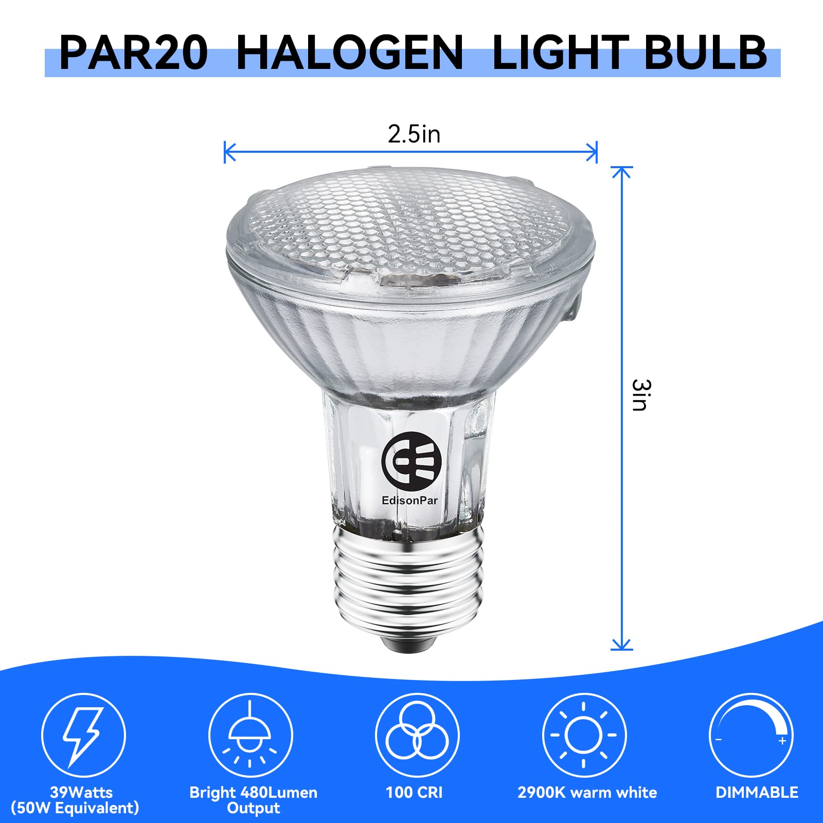 EdisonPar PAR20 ECO Halogen Bulb 6 Pack 50W Equivalent, 25° Flood Light Dimmable E26 Base, 2900K Warm White 480lm CRI100 120V Indoor Outdoor