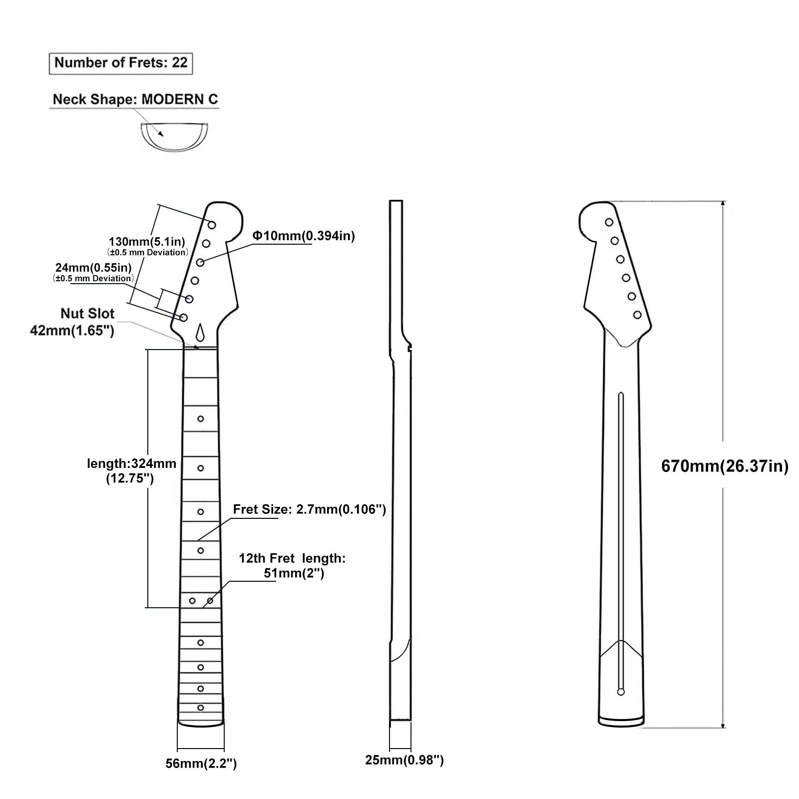 Guitar Neck DIY 22 Fret ST Style Maple Fretboard Guitar Neck Guitar Parts Replacement
