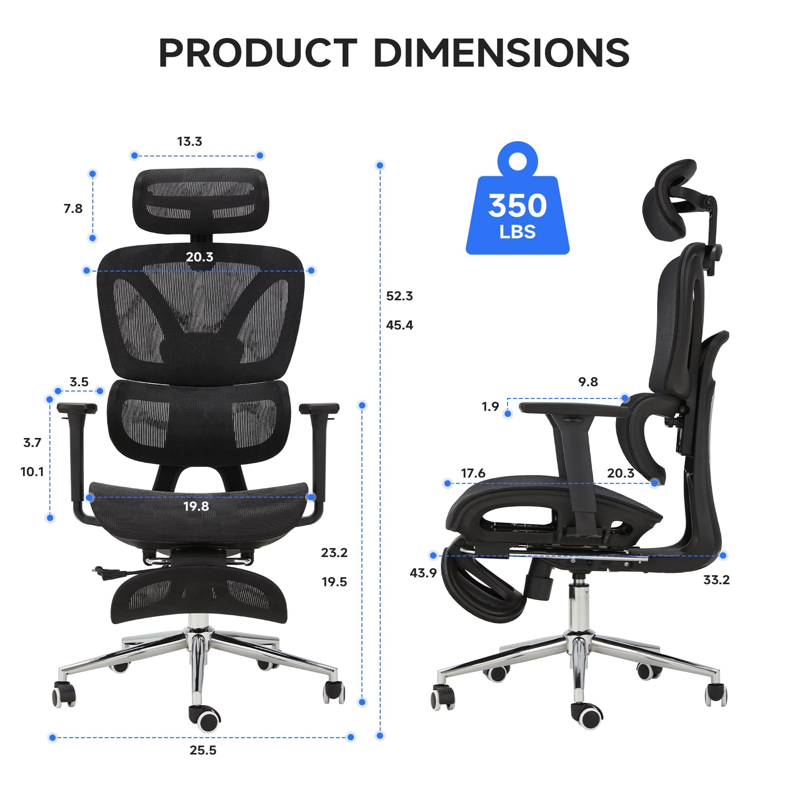 Office Chair Ergonomic Desk Chair, High Back Office Chair with Lumbar Support, Mesh Desk Chair with Adjustable Headrest Tilt Function and PU Wheels for Home Office Study and Work (Black)