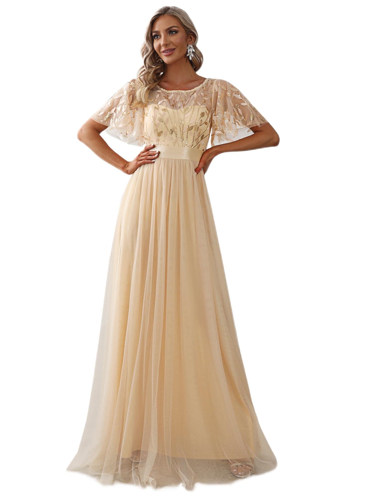 Ever-Pretty Women's Custom Sequin Embroidery Curvy Round Neck High Waist Ruffles Sleeves Long Formal Dresses Gold 9XL