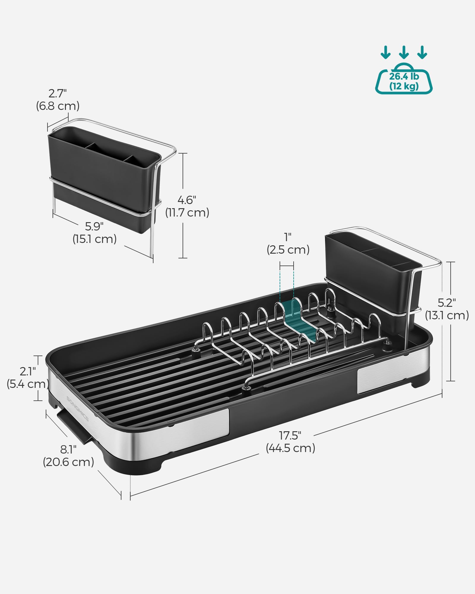 SONGMICS Small Dish Drying Rack, Dish Dryer for Kitchen Counter, Stainless Steel Dish Rack with Drain, Utensil Holder, Rustproof, for Dishes, Knives, Spoons, Forks, Silver and Black UKCS034B01