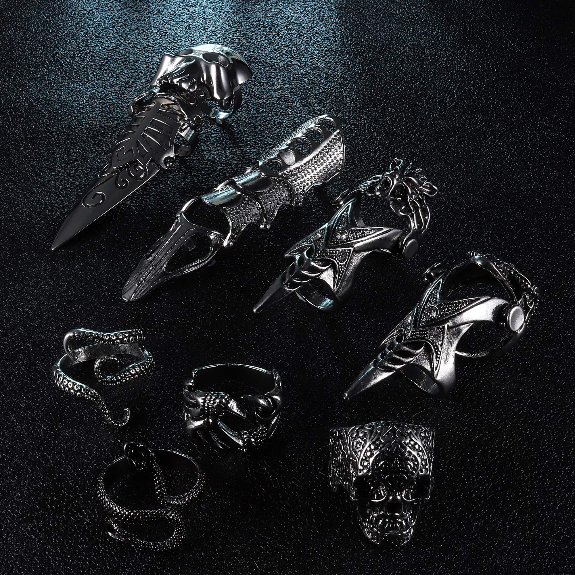 FIASASO 8Pcs Vintage Punk Rings for Men Women Gothic Octopus Dragon Claw Snake Wolf Skull Rings Open Adjustable Rings Set Jewelry