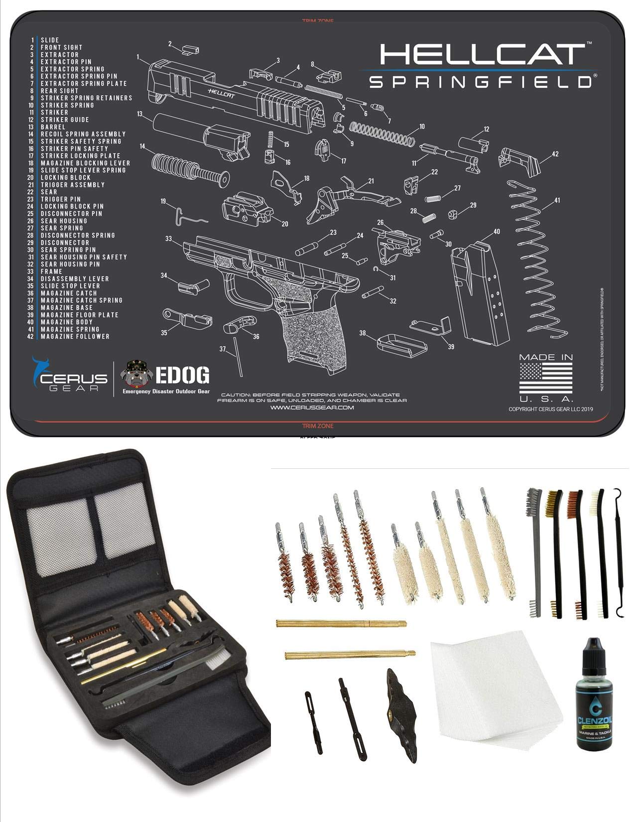 EDOG Gunslinger 20 PC Gun Cleaning Kit - Pistol Mat Compatible with Springfield Armory Hellcat - Schematic (Exploded View) Mat, Gunslinger Universal .22 .38 .357 9mm .40 & .45 Caliber Kit