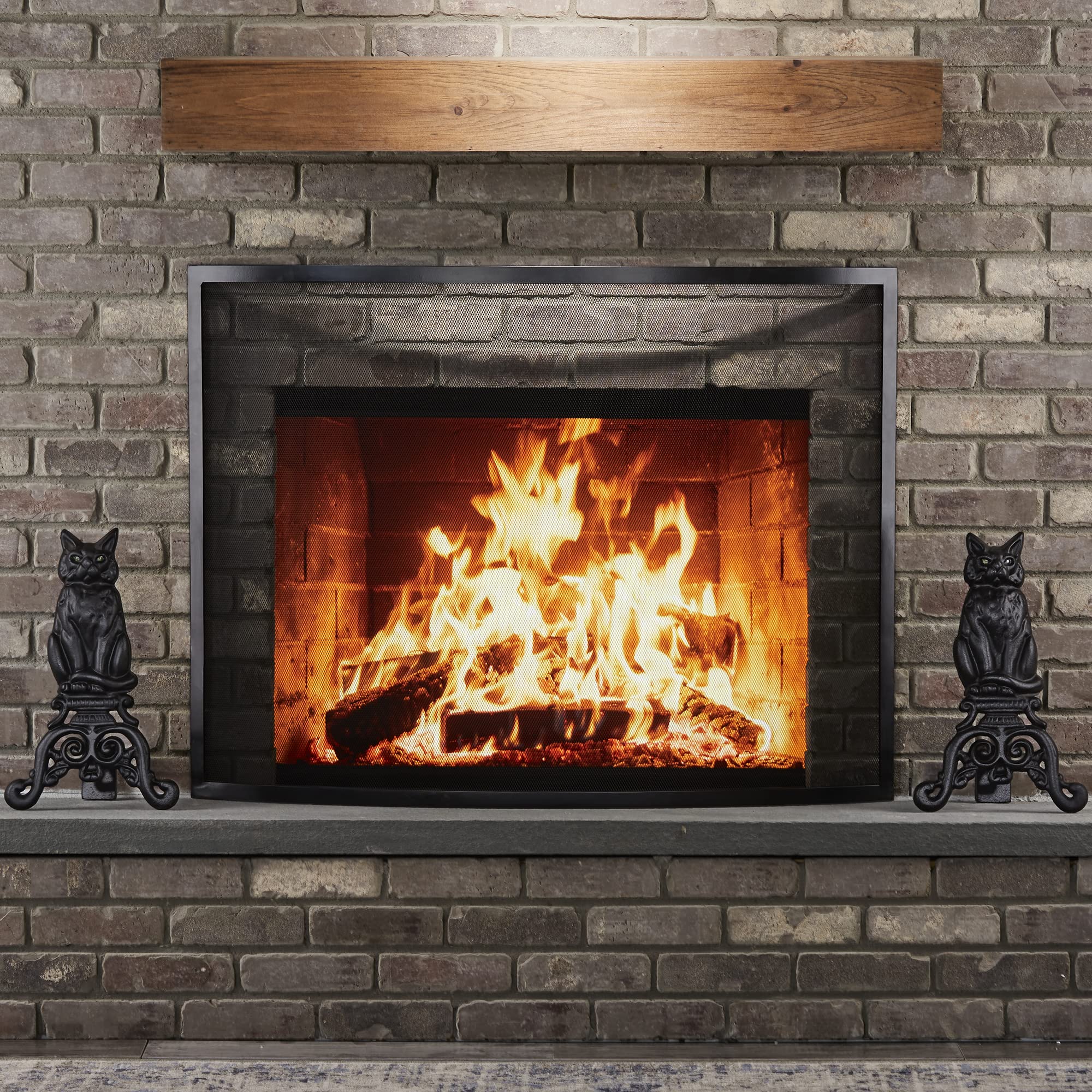 UniFlame, A-1251, Black Cast Iron Cat Fireplace Andirons with Reflective Glass Eyes