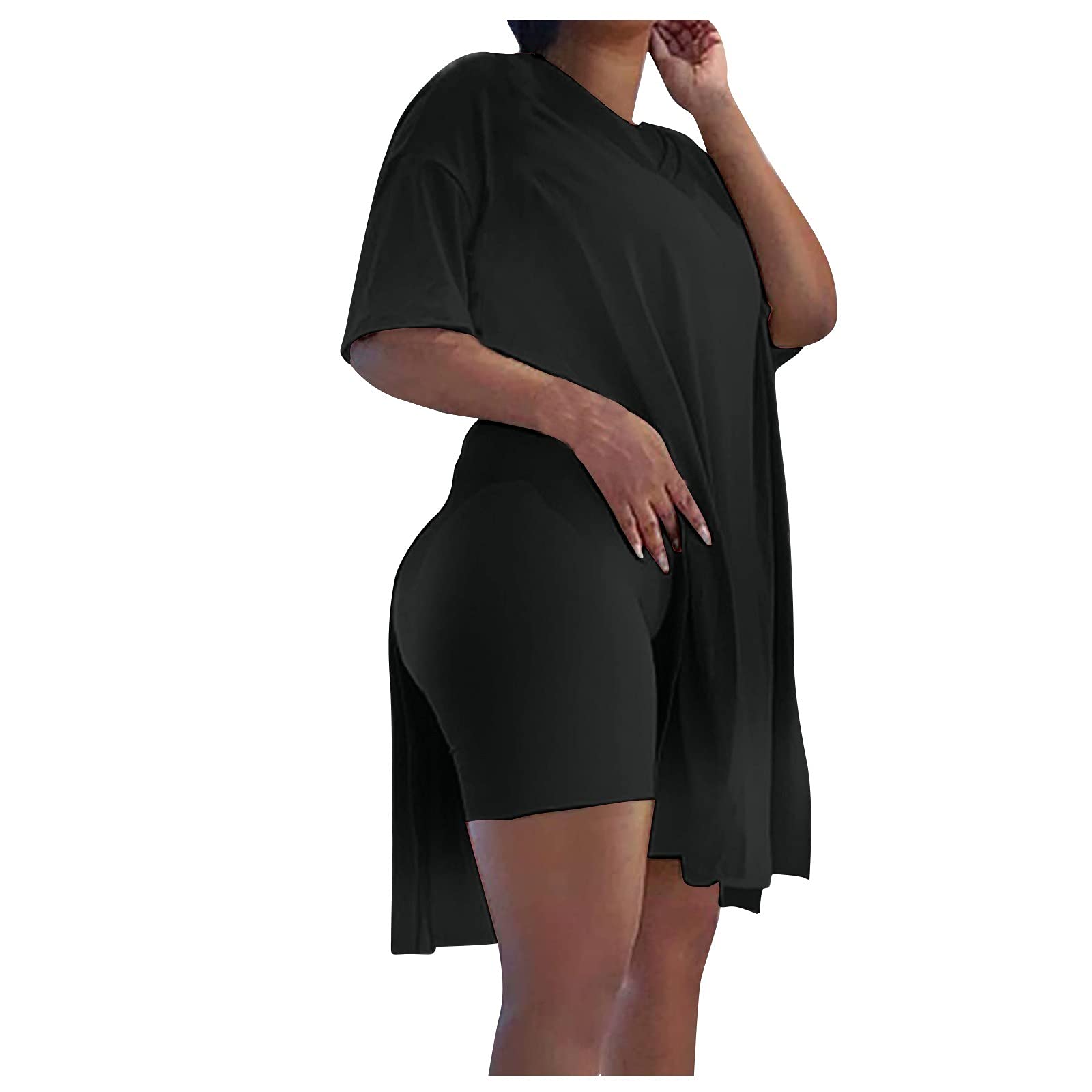 Gumipy Women's Plus Size Workout Sets 2 Piece Short Sleeve Side Split Tunic Tops Tummy Control Leggings Casual Active Wear