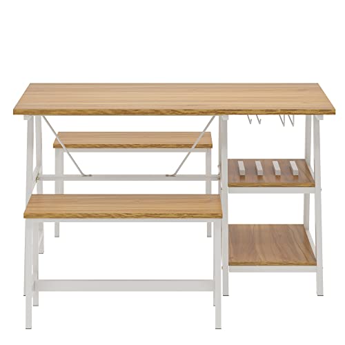 SogesGame Dining Table Set 3 Piece Kitchen Table Set Breakfast Table Set with Benches and Wine Rack Glass Holder 47.2 in Dining Room Table Set for 4 Oak