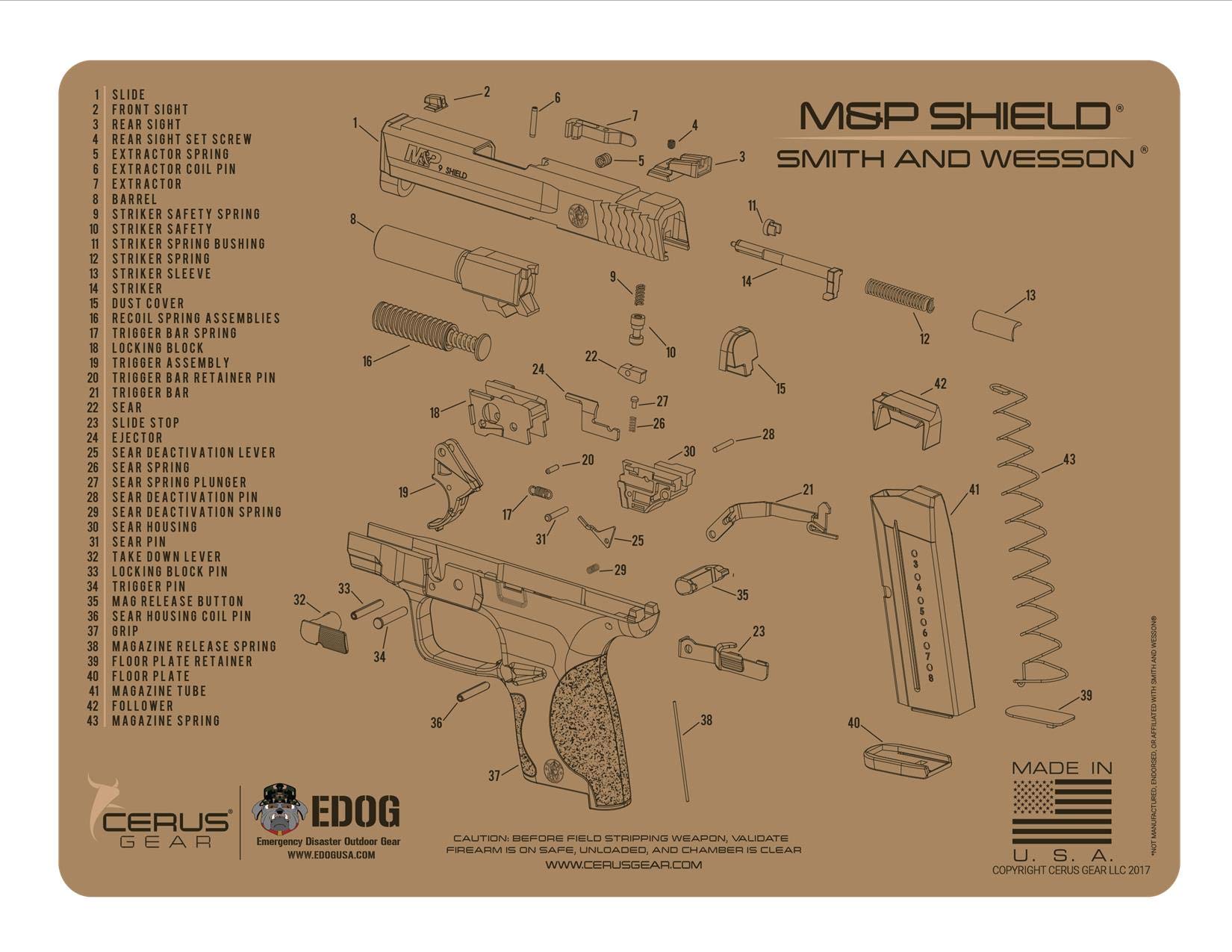EDOG Gunslinger 20 PC Gun Cleaning Kit - Pistol Mat Compatible with S&W M&P Shield Tan - Schematic (Exploded View) Mat, Gunslinger Universal .22 .38 .357 9mm .40 & .45 Caliber Kit