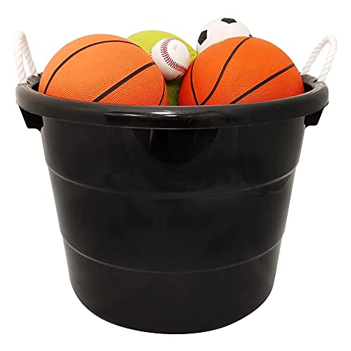 Homz 18 Gallon Durable Plastic Utility Storage Bucket Tub Organizers with Strong Rope Handles for Indoor and Outdoor Use, Black, 6 Pack