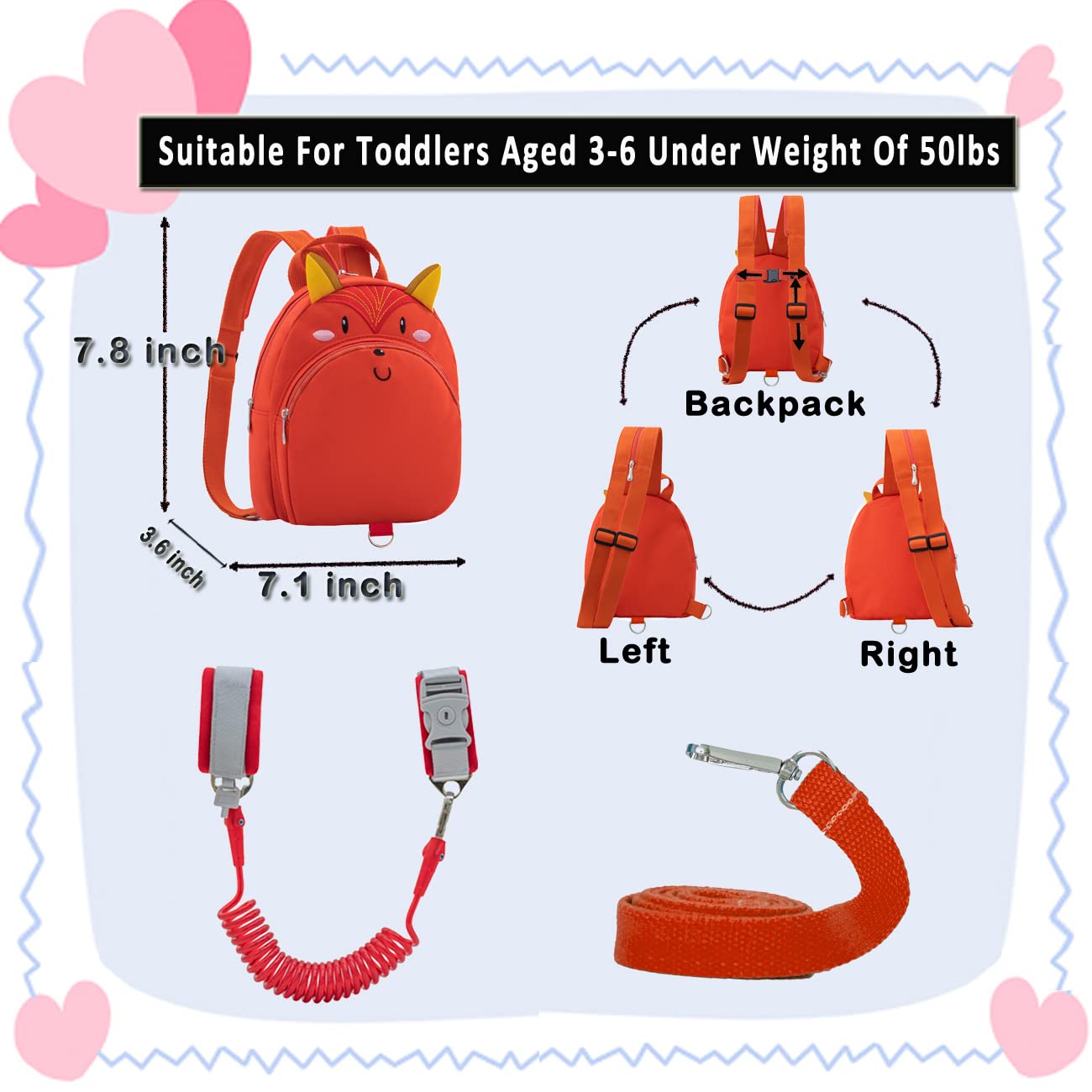 Kids Boys Girls Convertible Chest Bag Mini Backpack with Anti-Lost Leash Child Kids Wrist Link Wristband (Fox)