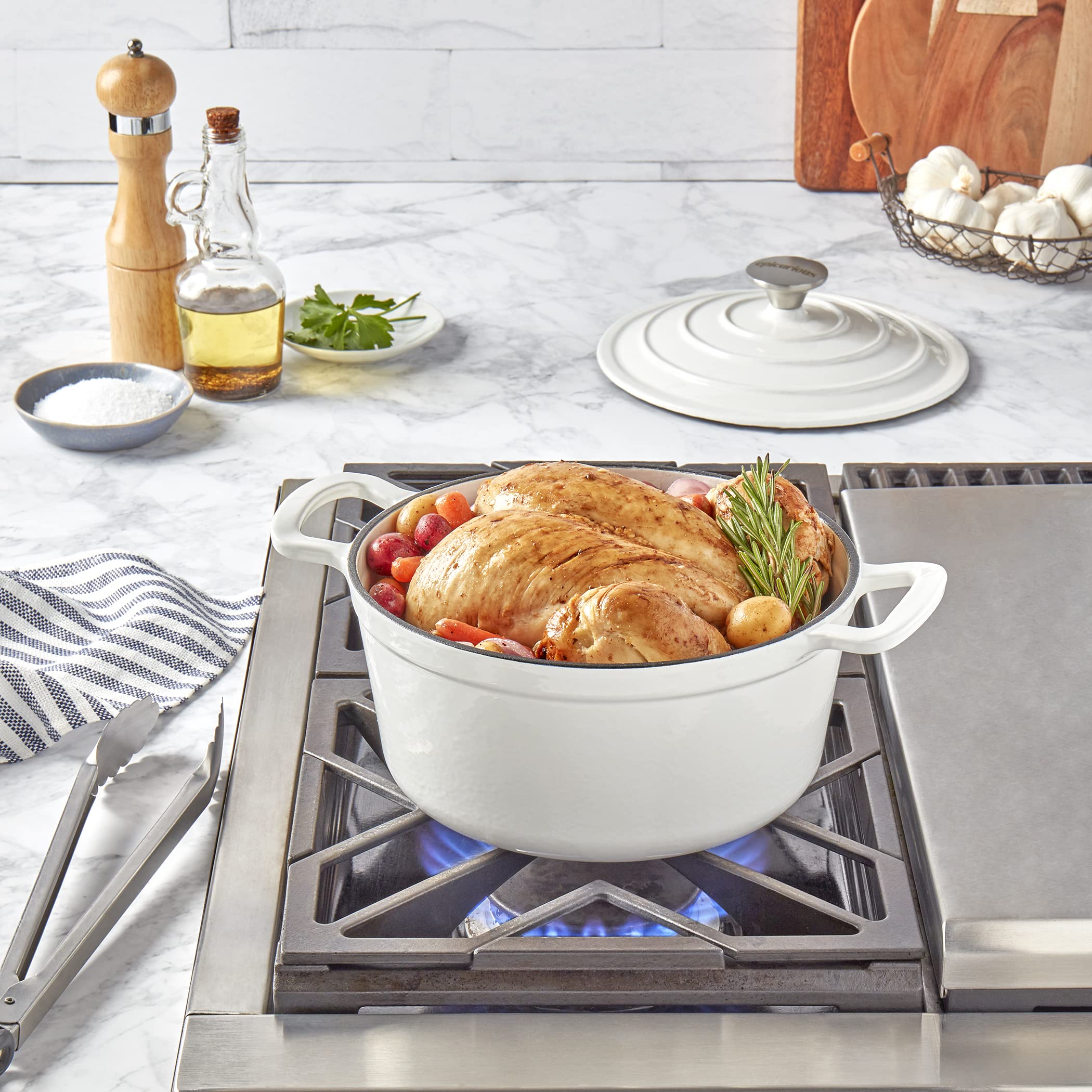 Epicurious Cookware Collection- Enameled Cast Iron Covered Dutch Oven, 6 Quart Dutch Oven Blue