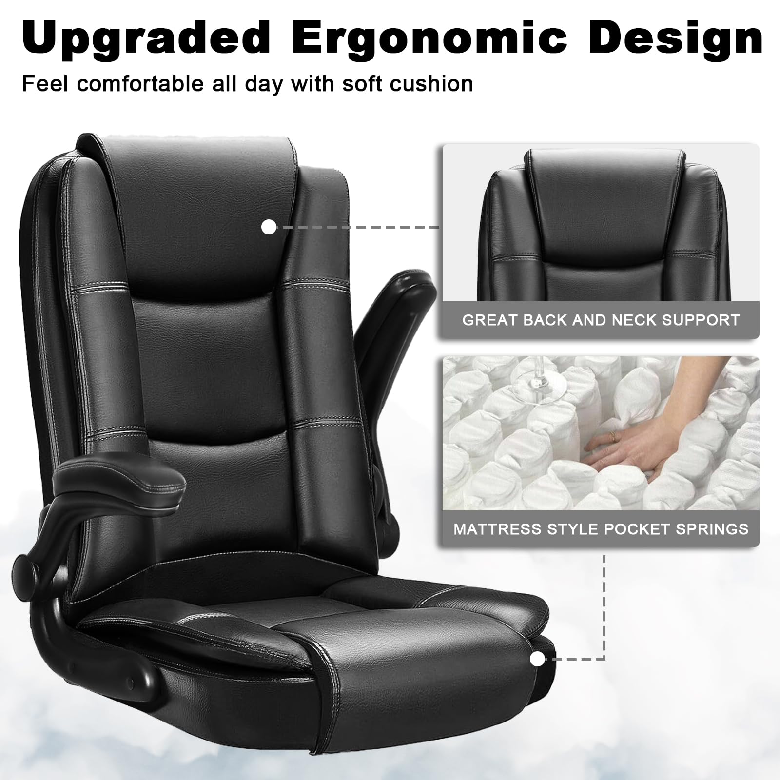 OFIKA Big and Tall Office Chair Computer Desk Chair - Ergonomic High Back Lumbar Support Home Office Chair with Padded Flip-up Arms, Adjustable Height Leather Office Executive Chair (Black1)