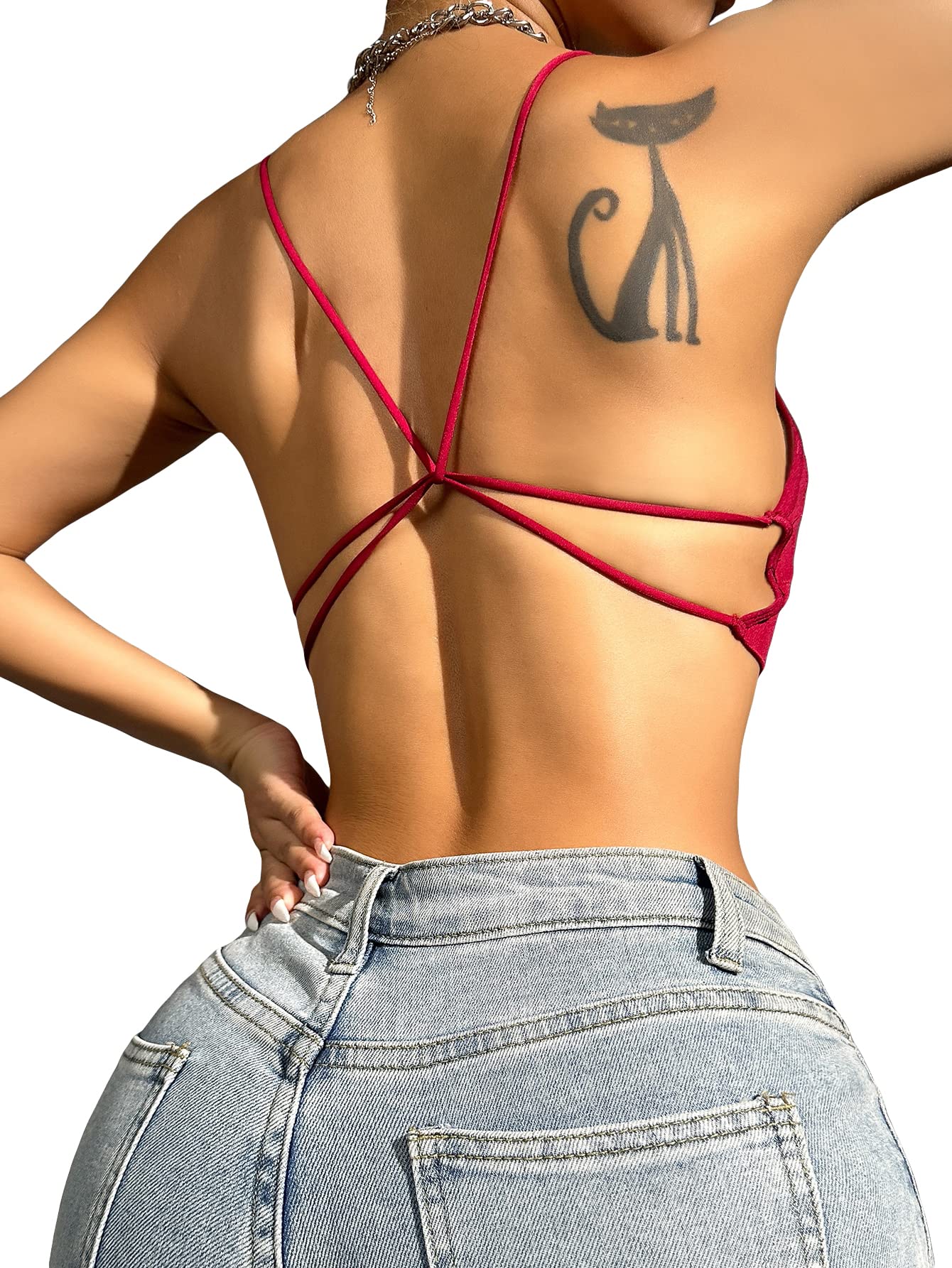 GORGLITTER Women's Strappy Backless Tank Top Workout Seamless Yoga Sport Bra Rose Red Medium