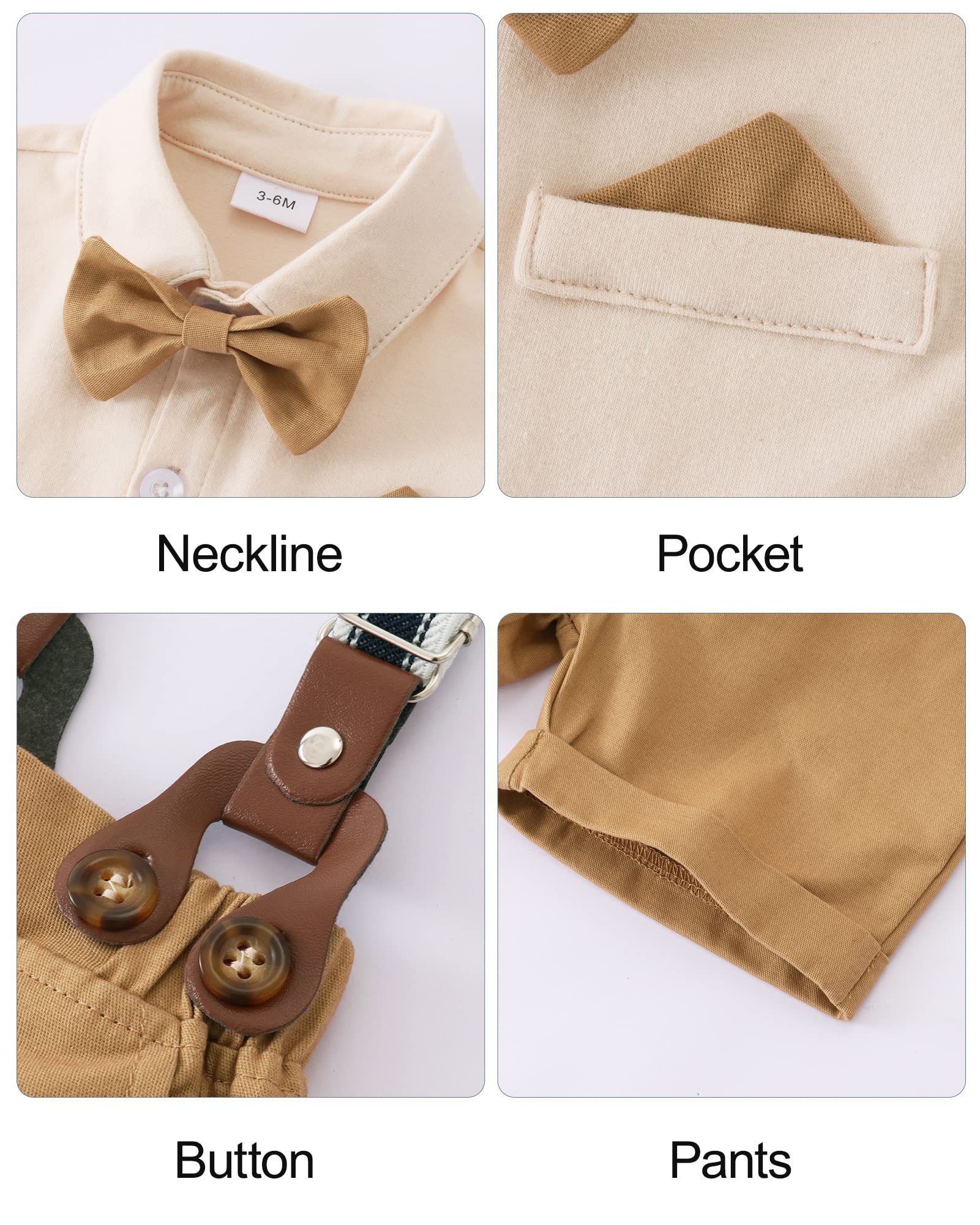 YUEMION Infant Baby Boy Clothes Gentleman Outfits Suits Summer Short Sleeve Bowtie Bodysuit Shirts + Suspender Shorts (Beige,12-18M)