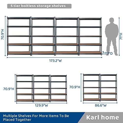 Karl home Garage Shelving Heavy Duty, 5-Tier Large Size Adjustable Metal Shelving Unit Rack Organization for Garage Pantry Basement, 2000lbs,43.3" L x 17.7" W x 70.9" H, Gray