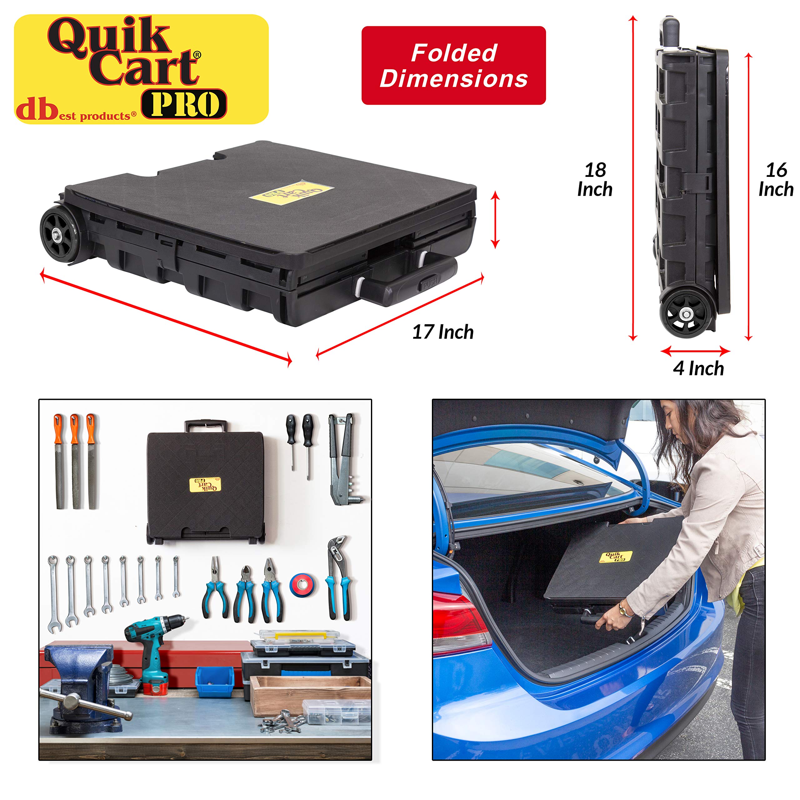 dbest products Quik Cart Pro Wheeled Rolling Crate Teacher Utility with seat Heavy Duty Collapsible Basket with Handle, Black