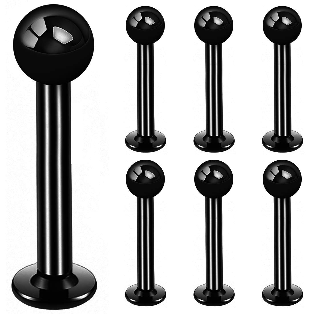 Evonix 7pc 14g 12mm Labret Studs Lip Ring Snake Spider Bite Forward Helix Monroe Dahlia Inner Conch Surgical Steel Black 4mm Ball
