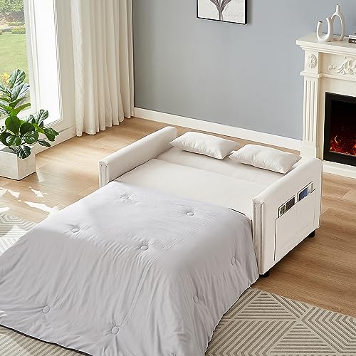 JEEOHEY 3-in-1 Convertible Sleeper Sofa Bed,54" Modern Linen Pull Out Couch Bed Futon Chair with Adjustable Backrest&Pillows,Furniture for Living Room Apartment Small Space,Beige