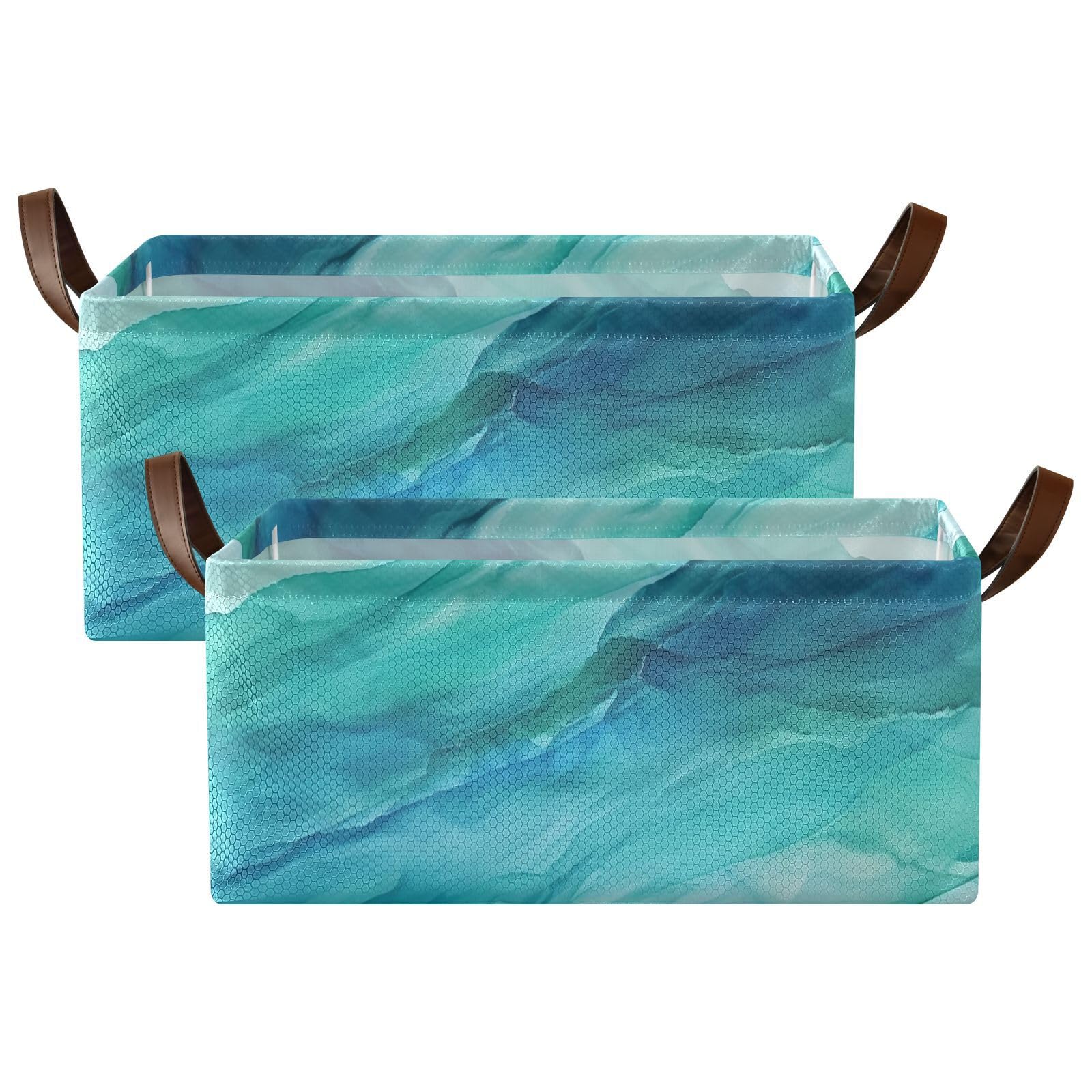 NFMILI Storage Basket Blue Teal Marble Print Storage Bins with Steel Frame,Foldable Storage Cube with Handles 1 Pack