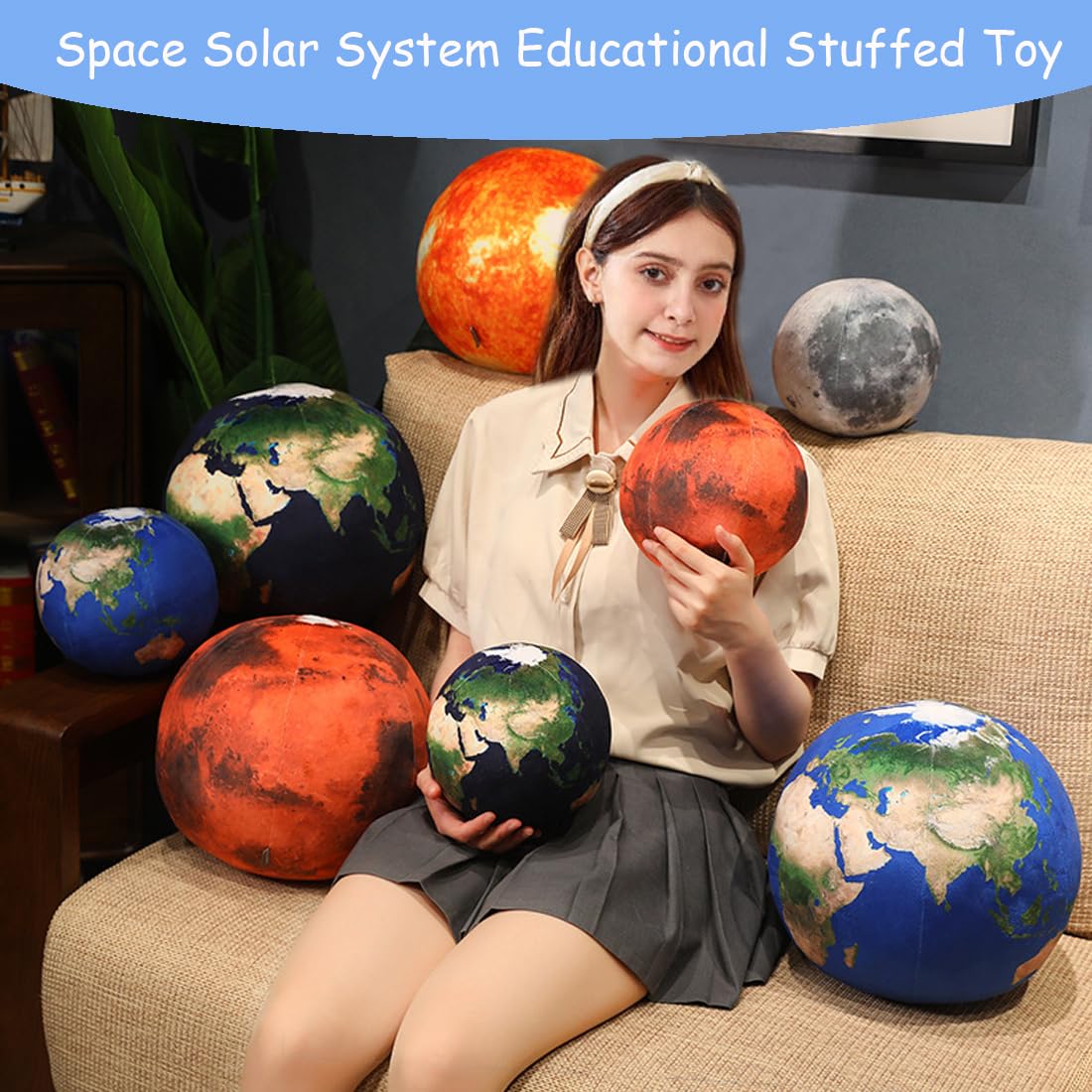 ELAINREN Super Cute Moon Plush Soft Pillow, Learning Science Astronomy Space Solar System Educational Stuffed Blue Planet Toys-10.6Inch