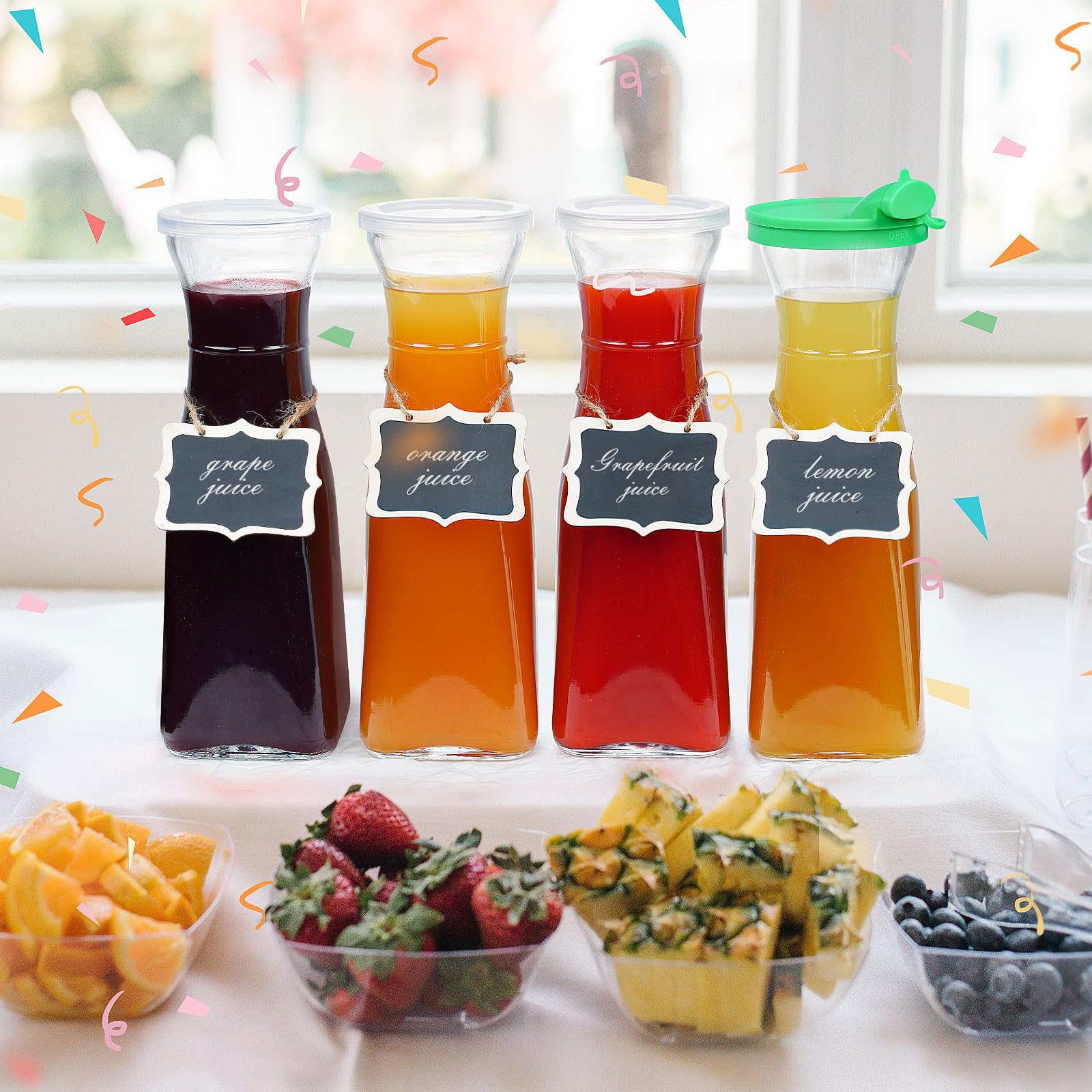 Ritayedet Glass Carafe, 1 Liter Carafe for Mimosa Bar, 4 Pcs, Square Carafe Pitcher with Lid, Drink Dispenser for Parties, Cold Water, Milk, Juice Container, Tea, Wine, Cocktails (6 Lids & 2 Spouts)