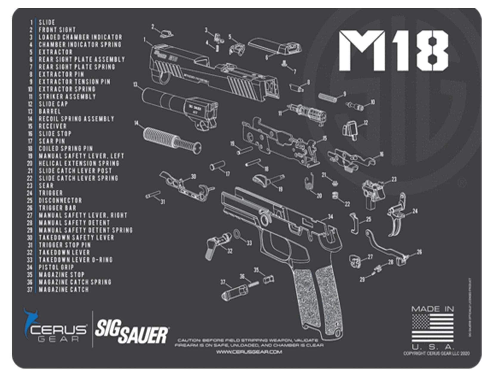 EDOG M18 Gun Cleaning Mat - Schematic (Exploded View) Diagram Compatible with Sig Sauer M18 Series Pistol 3 mm Padded Pad Protect Your Firearm Magazines Bench Surfaces Gun Oil Solvent Resistant