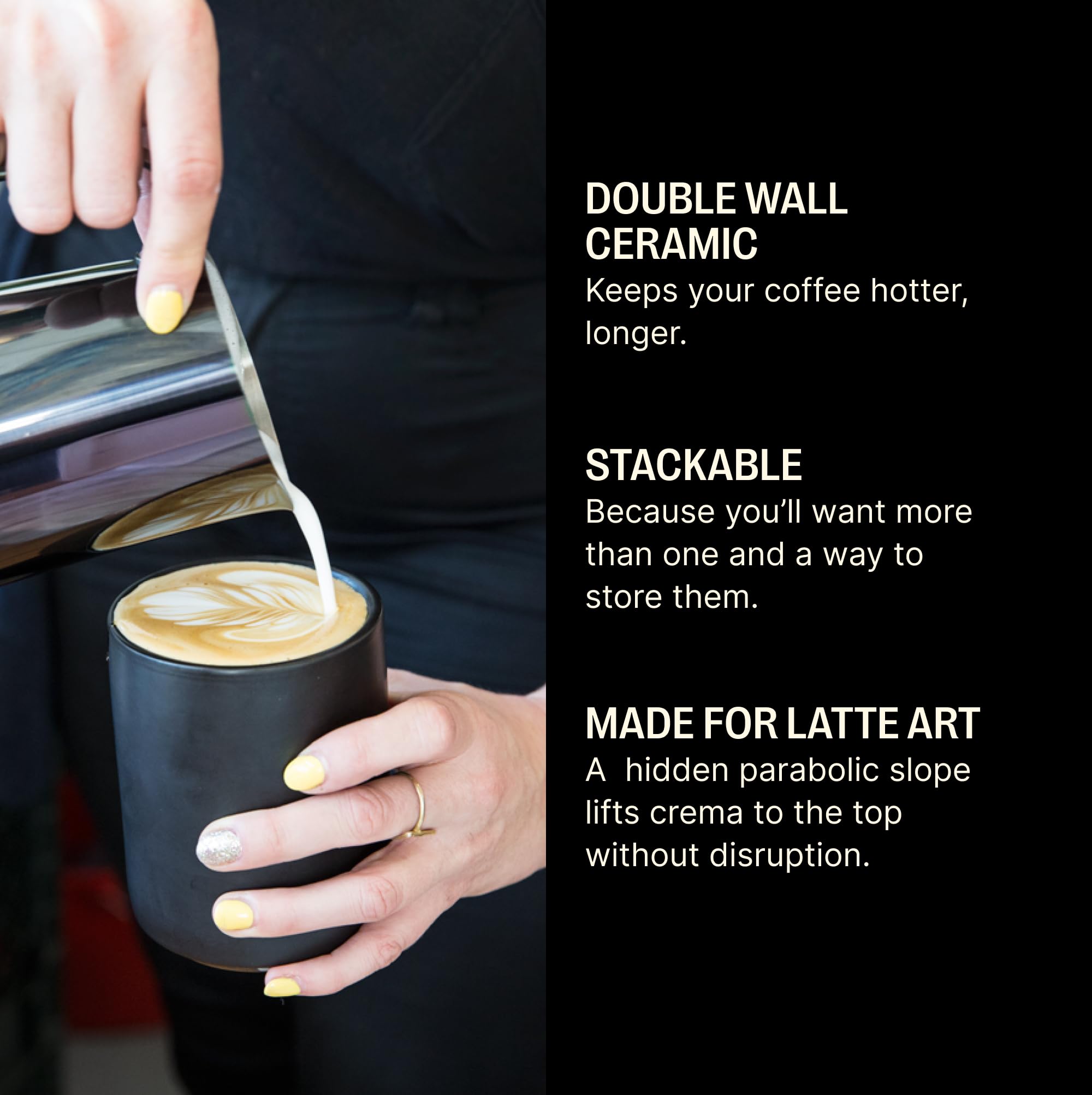 Fellow Monty Milk Art Coffee Cups - Double Wall Ceramic Cappuccino Mug, Matte White with Copper Base, 6.5 oz Cup