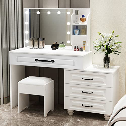 Vanity Set Dressing Table with Makeup Mirror & 10 Light Bulbs, White Vanity Table with Drawers & Cushioned Stool for Bedroom Modern (H1951)