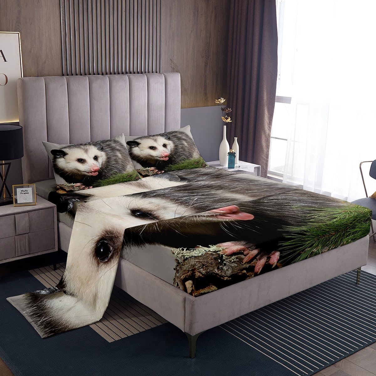 Opossum Bed Sheets Twin Size Possum Fitted Sheet for Kids Boys Girls Teens Adults Opossum Lovers Gift Bed Sheet Set Funny Animal Botanical Leaves Bedding Sheets Bedroom Decor Flat Sheets 3Pcs
