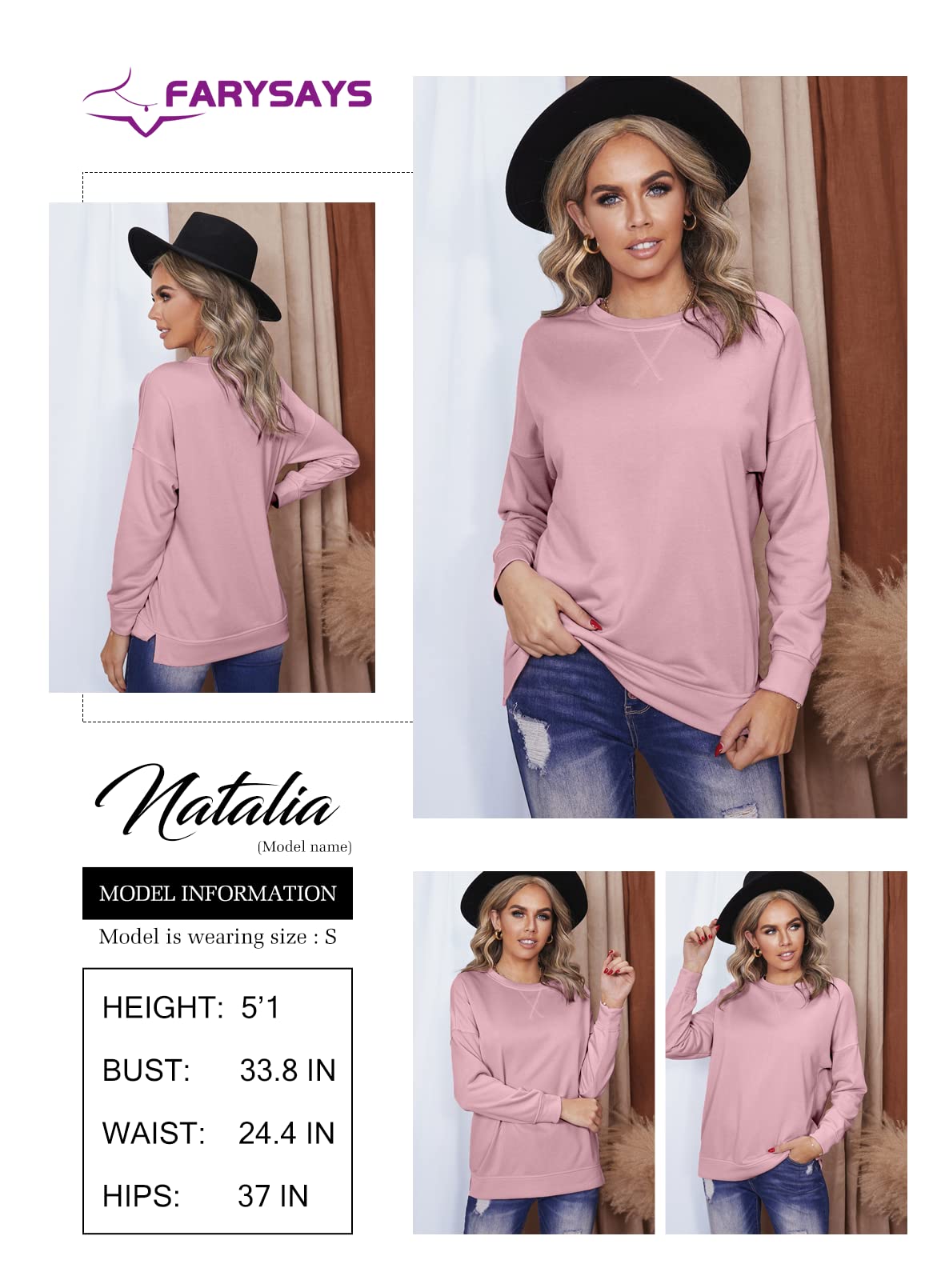 FARYSAYS Women's Winter Clothes for Women Crewneck Sweatshirts Long Sleeve Casual Loose Basic Solid Color Pullover Sweatshirt Tops Pink Medium