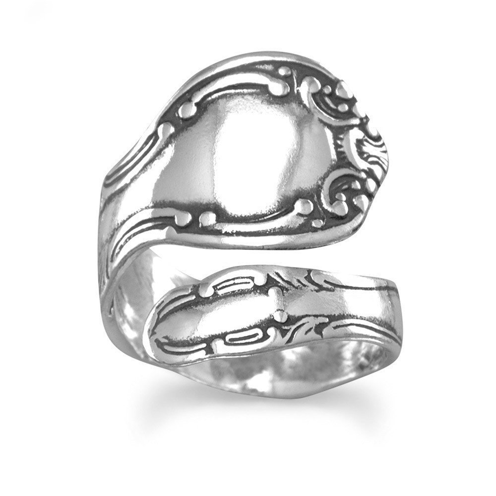 Edric Jewelry Spoon Ring Adjustable Size 6-11 Oxidized 925 Sterling Silver (Swirl Motif)