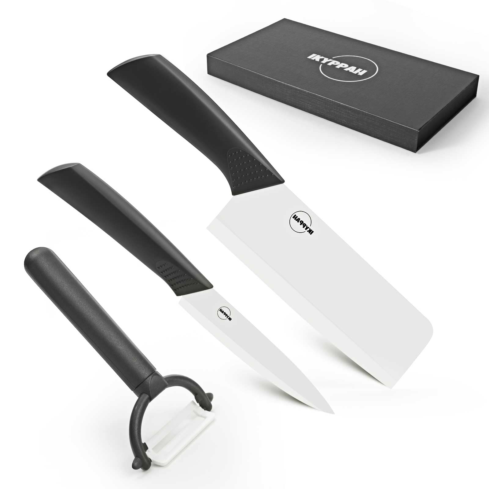 IKYPPAH Complete Ceramic Knife Set - 6" Vegetable Cleaver, 4" Chef's Knife, and Y-Peeler for Effortless Food Prep