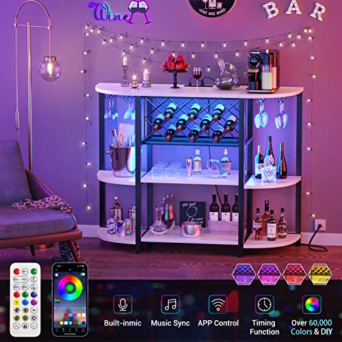 Unikito Bar Table Cabinet with Charging Station,Wine Rack Table with LED light, Wine Bar Cabinet with Storage, Freestanding Floor Bar Cabinet for Liquor and Glasses for Home Kitchen Dining Room, White