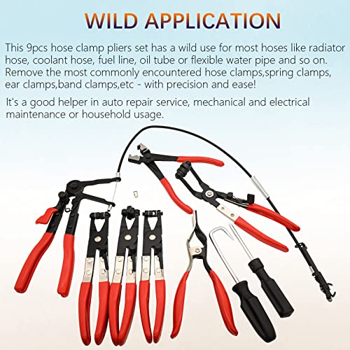 Hose Clamp Pliers Set, 9pcs Wire Long Reach Hose Clamp Pliers Set for Automotive Coolant Radiator Heater and Water Hose with Band Flat or Large Clamps, Clamp Removal Tool by BOOTOP PIN