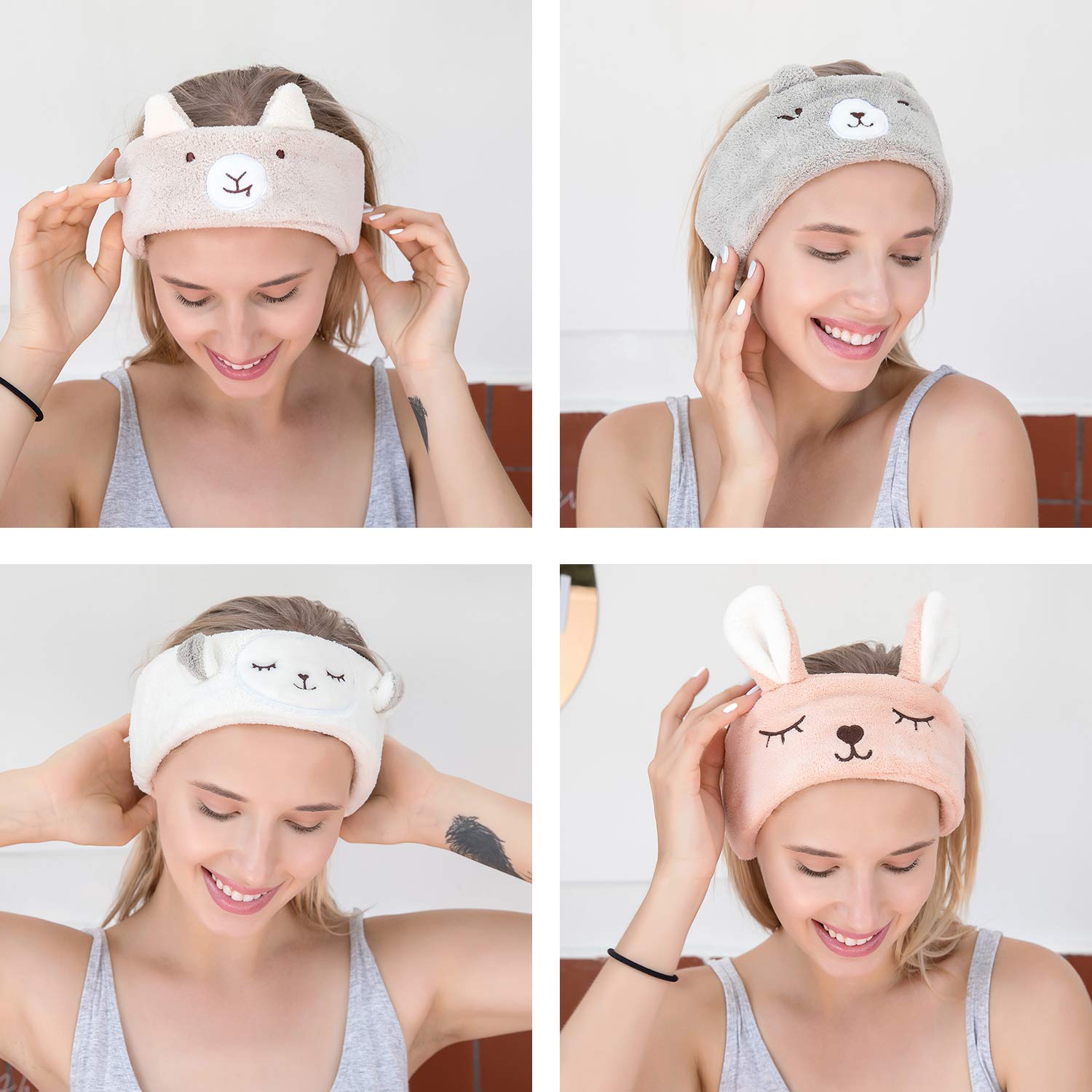 Ergonflow 4 Pack Animal Coral Fleece Spa Headband Makeup Headband Cosmetic Headband for Washing Face Wash Headband Cosmetic Headband Shower Headbands
