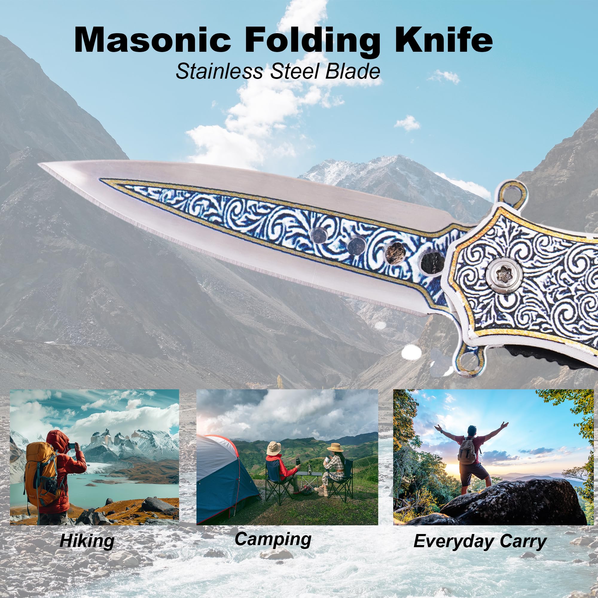 Masonic Folding Knife with Fidget Spinner, Crafted, Durable Tool with Engraved Masonic Emblems for Everyday Use, Ceremonial Purposes, & Collectors, Craftsmanship Practical Design (Camo)