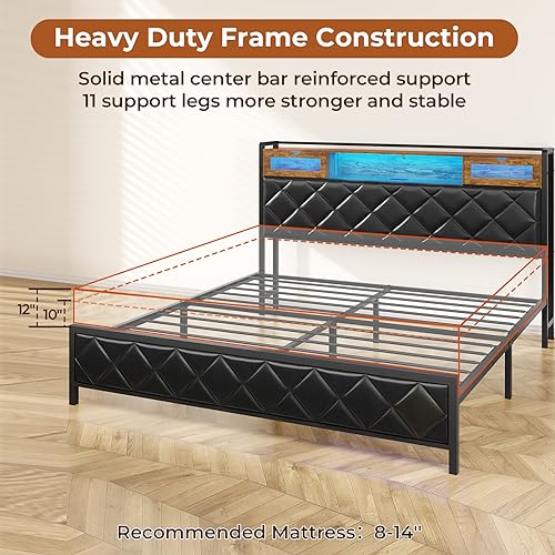DICTAC King Size Bed Frame with Storage Headboard and Led Lights,Metal Platform Bed Frame King Size with Headboard and Charging Station,Rustic Brown