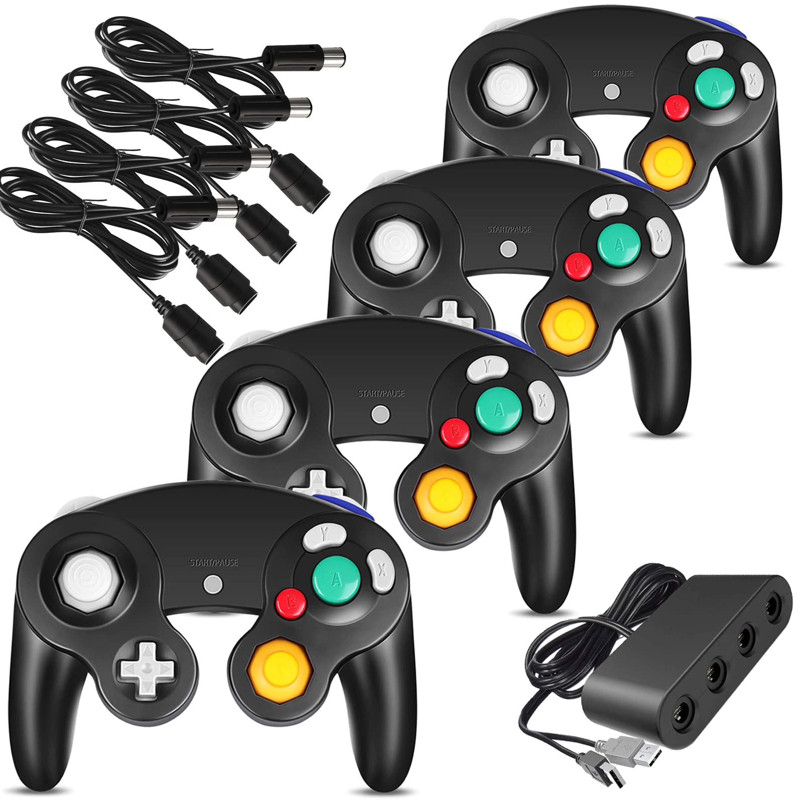 Edorco 4 Pack Gamecube Controller Bundle with 4 Extension Cords and a 4-Port Adapter for Nintendo Wii U/Switch/PC(Black)