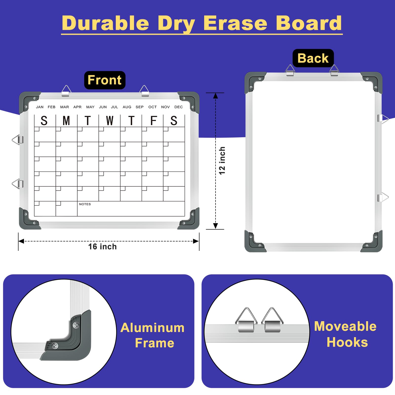 Dry Erase White Board for Wall, 16" x 12" Magnetic Dry Erase Board Hanging Double-Sided Planner Whiteboard Memo, Weekly Portable Board for List, School, Office, Kitchen, Home